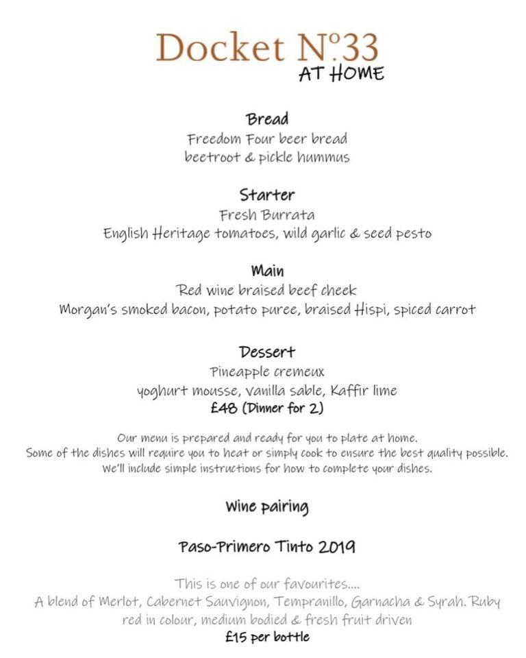 Menu at Docket No.33 restaurant, Whitchurch