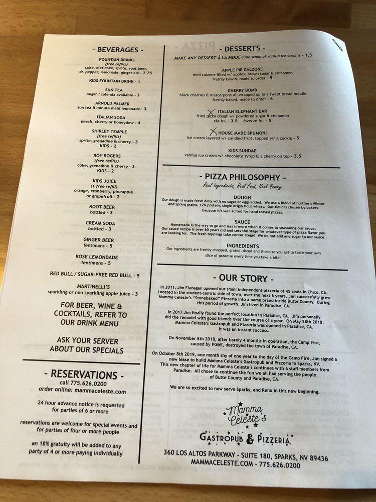 Menu at Mamma Celeste's Gastropub & Pizzeria, Sparks