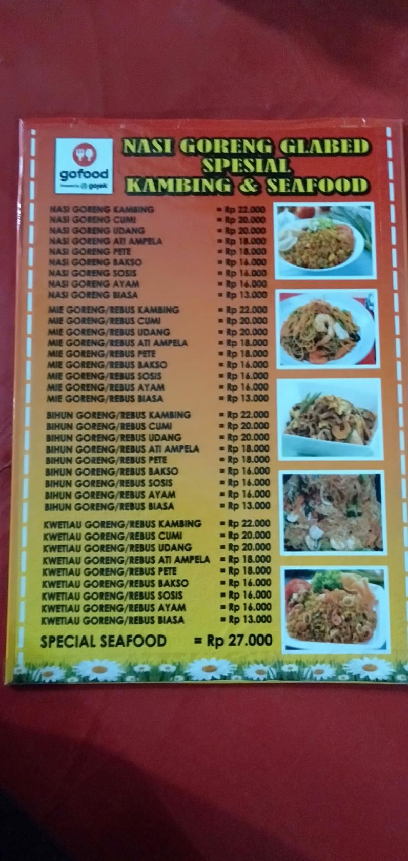 Menu at Nasi Goreng Glabed restaurant, Mekar Bakti