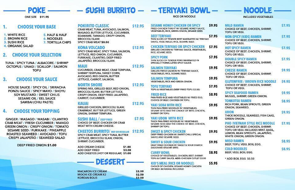 Menu at Poke & Noodle Japanese Cuisine restaurant, El Centro