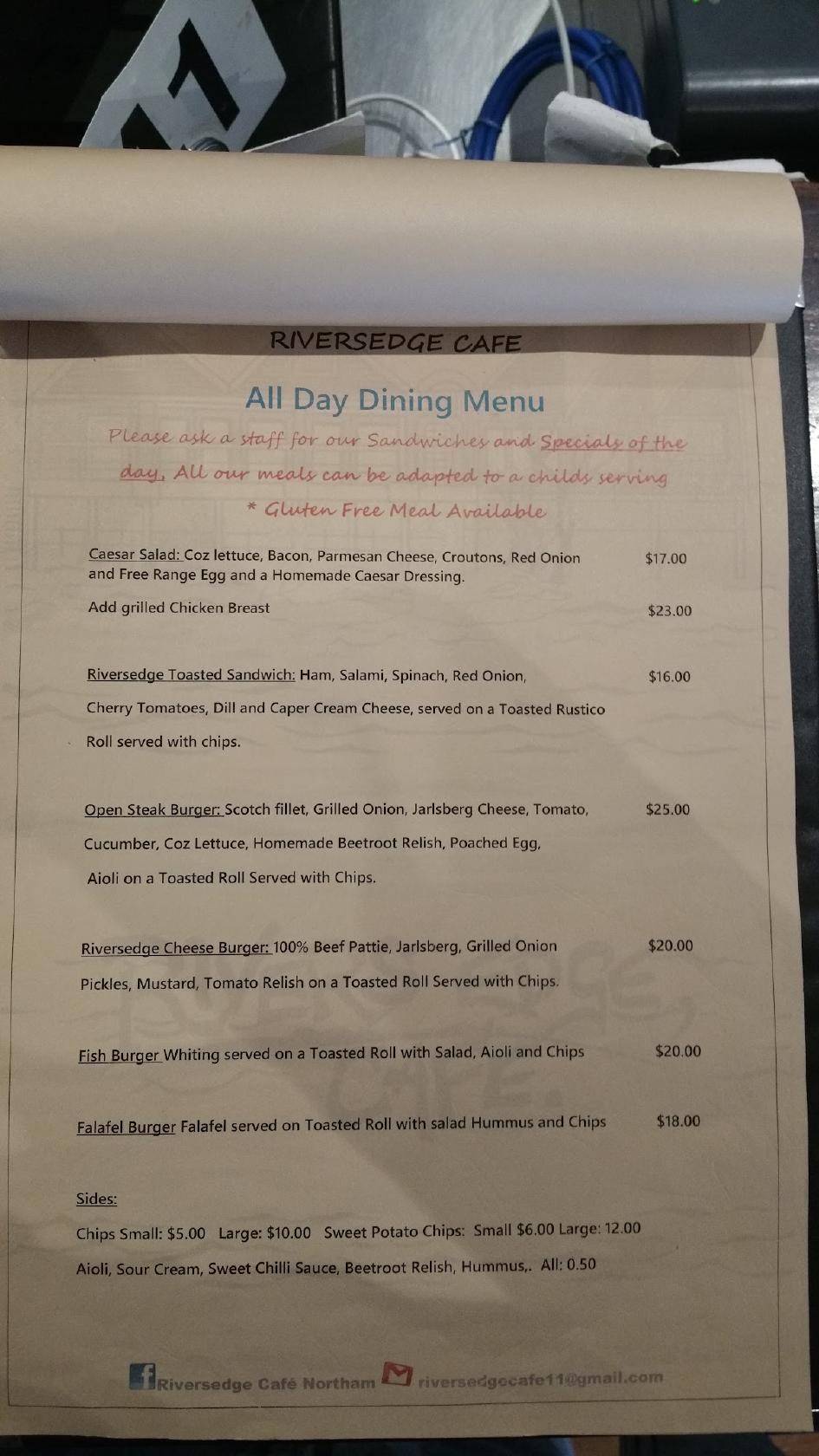 Menu at Reflections Coffee and Kiosk restaurant, Chidlow