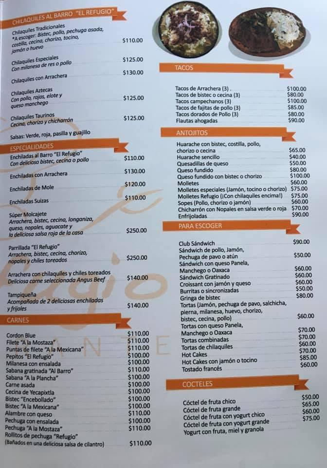 Carta de Restaurante El Refugio, Ciudad de México, Dr. Andrade 30