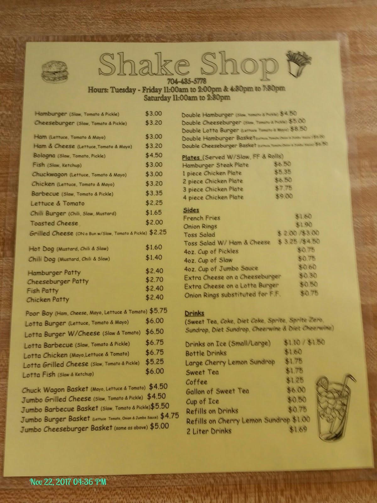 Menu at Shake Shop restaurant, Cherryville