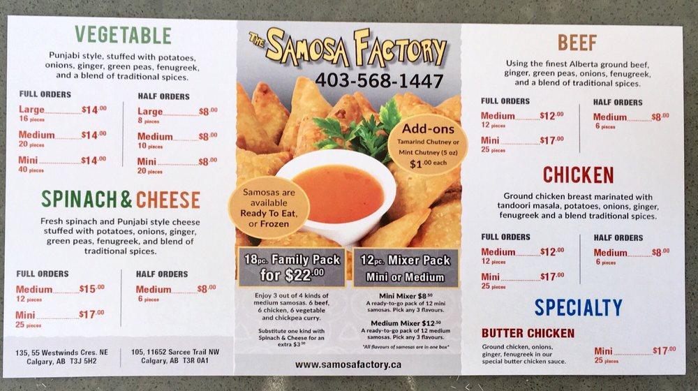 Carta del restaurante The Samosa Factory, Calgary, Sarcee Trail NW #105