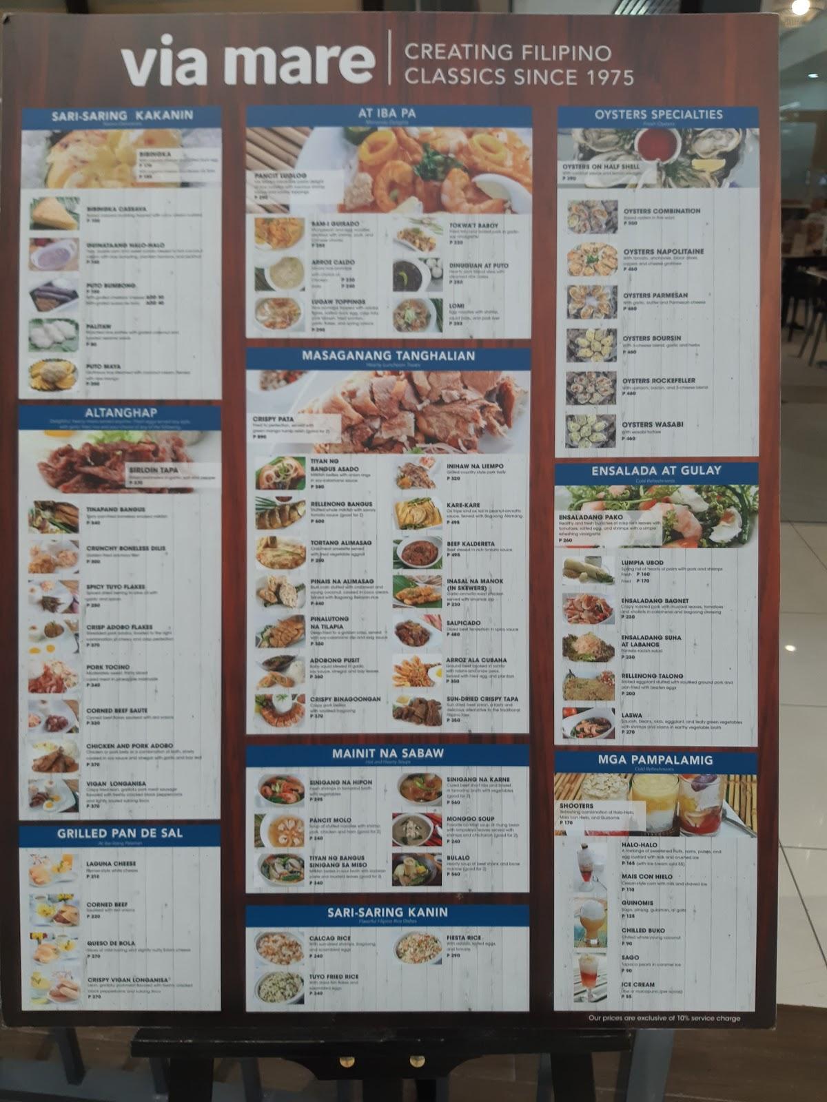 Menu at Via Mare restaurant, Pasig, Unimart Capitol Commons Shaw Boulevard