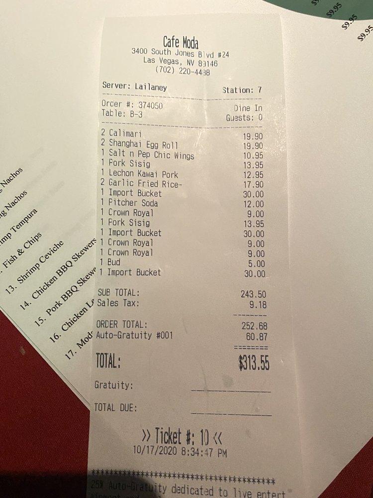 Menu at Cafe Moda, Las Vegas, S Jones Blvd #24