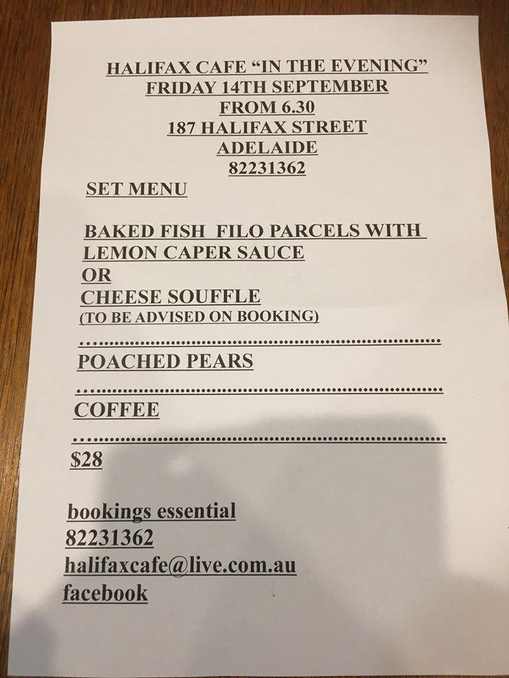 Menu at Halifax Cafe, Adelaide