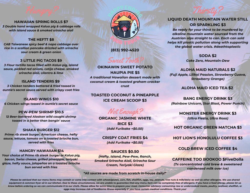 Menu at Happy Ending Food Truck, Plant City
