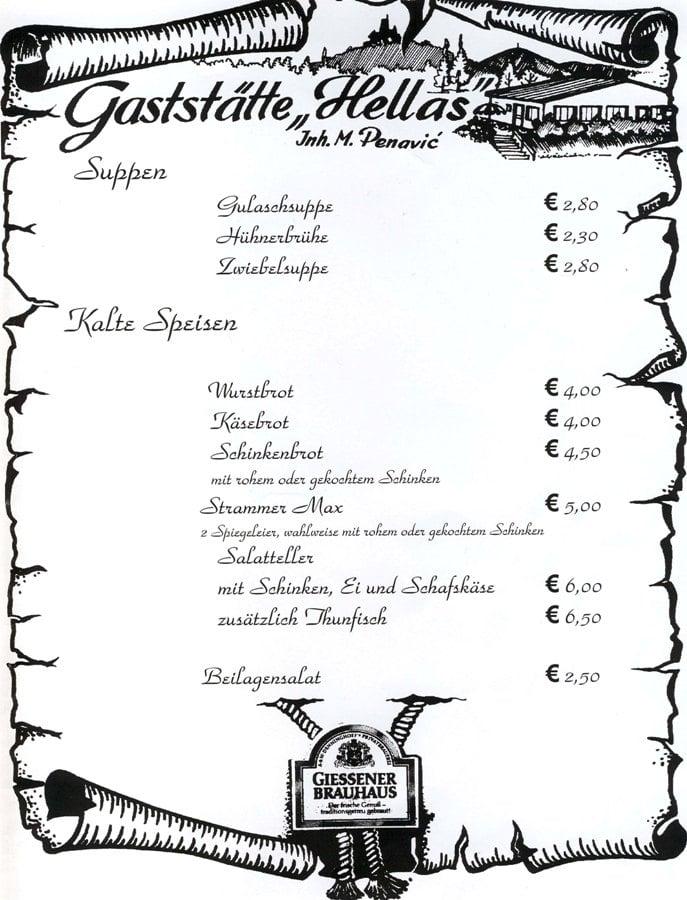 Speisekarte von Hellas restaurant, Gießen