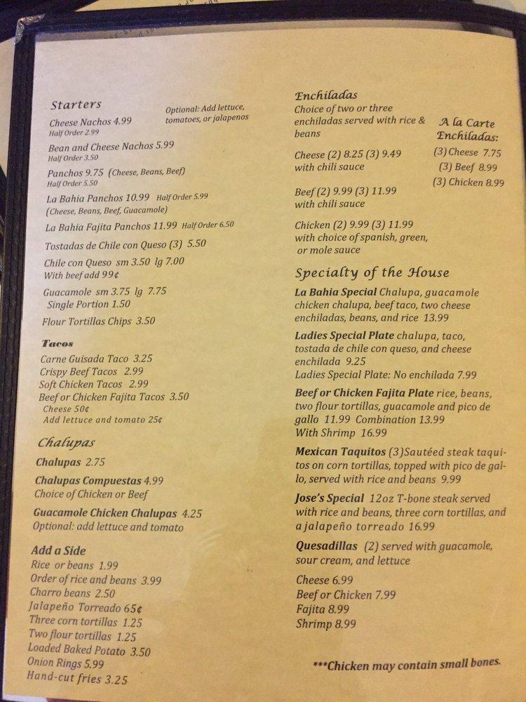 Menu at La Bahia Restaurant, Goliad