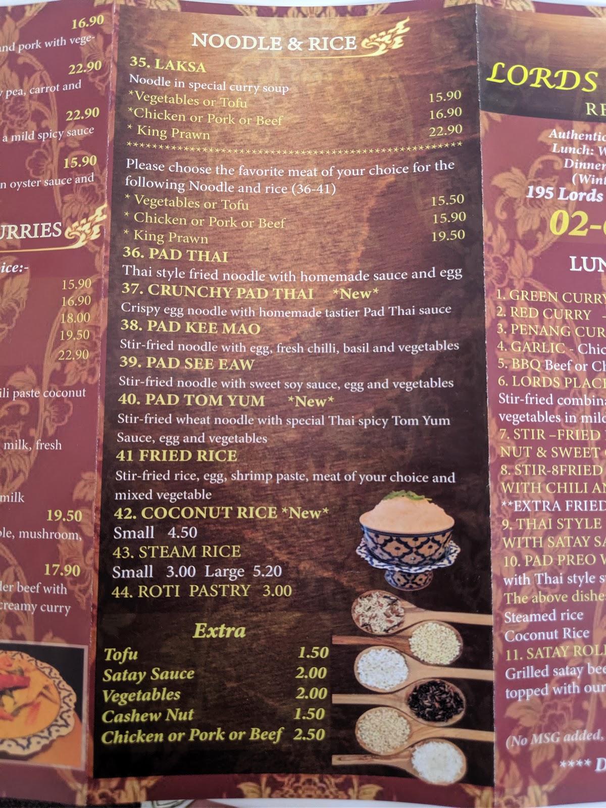 Menu at Lords Place Thai Restaurant, Orange