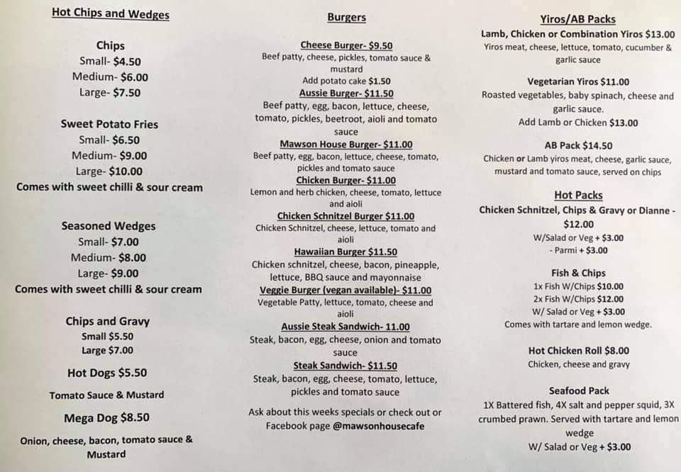 Menu at Mawson House Café cafe, Meadows