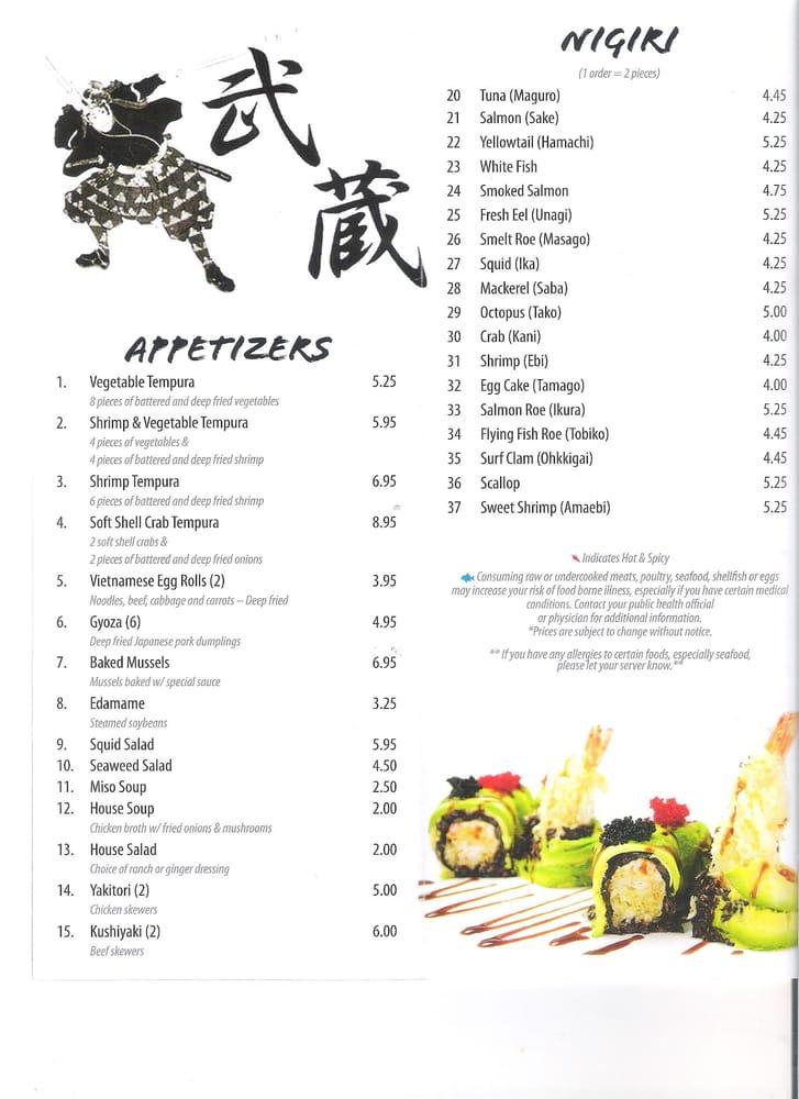 Menu at Musashi Japanese Restaurant & Sushi Bar, Chesterton