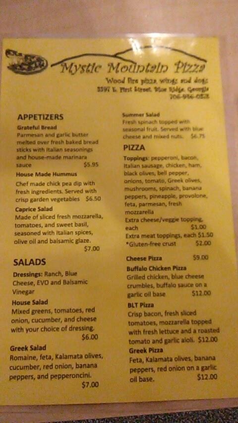 Menu at Mystic Mountain Pizza pizzeria, Blue Ridge, E 1st St