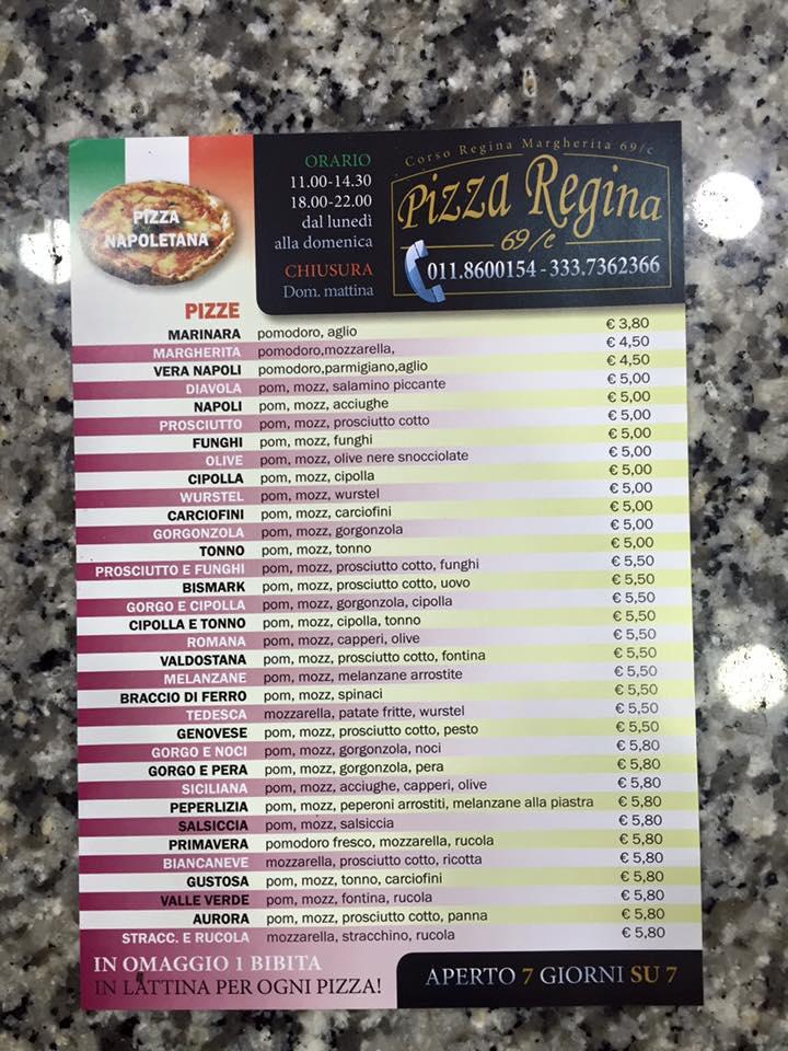 Menu at Pizza Regina pizzeria, Turin