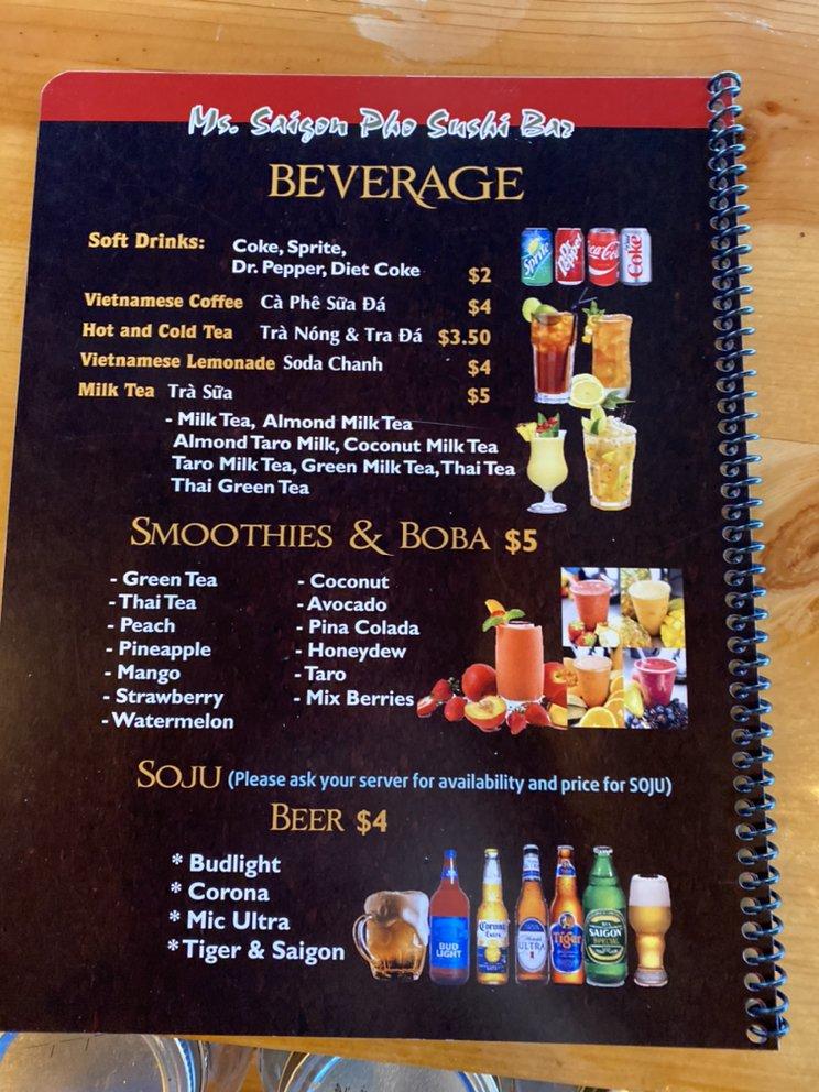 Menu at Ms. Saigon Pho and Grill restaurant, Keller