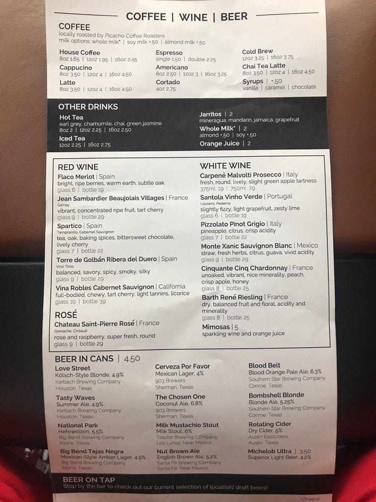 Menu at Savage Goods cafe, El Paso