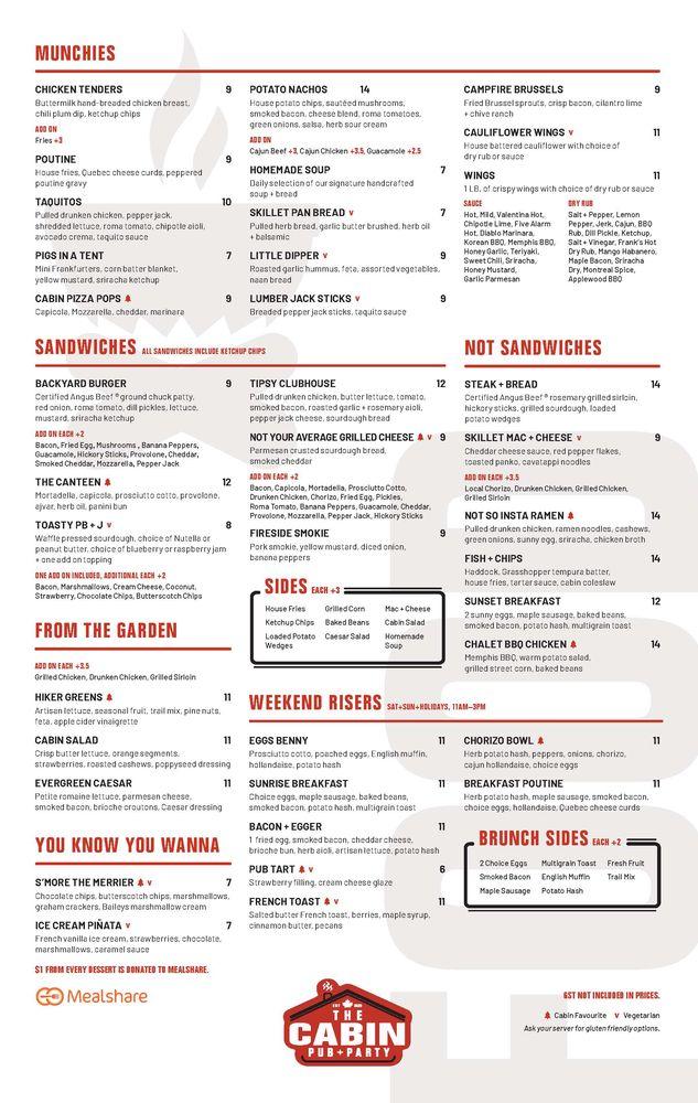 Menu at The Cabin Pub + Party, Edmonton