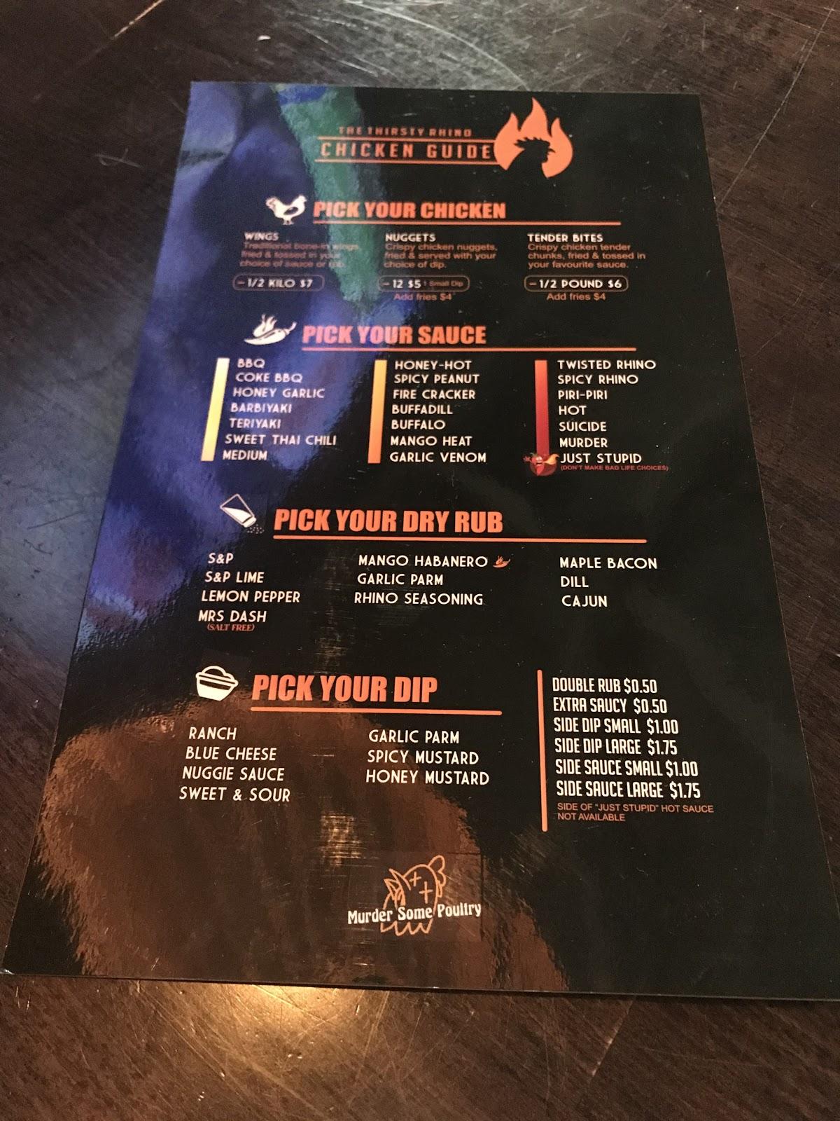 Menu at The Thirsty Rhino pub & bar, Edmonton