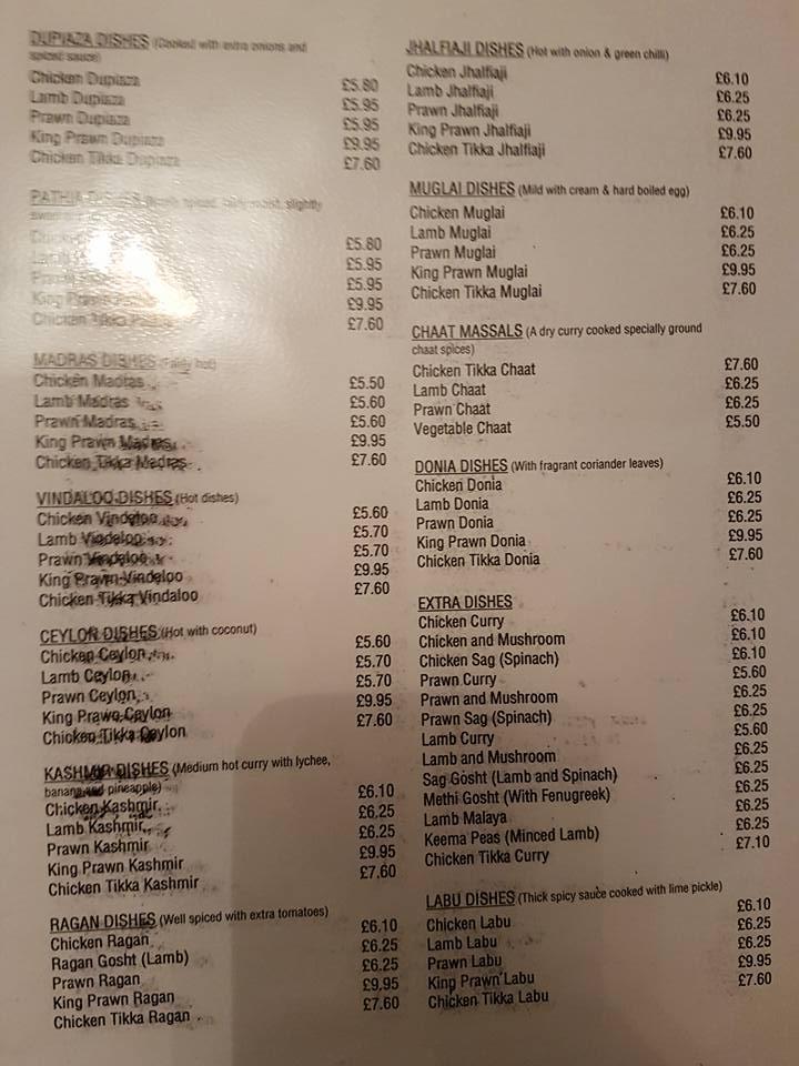 Menu at Akbar Tandoori, Eaton Socon