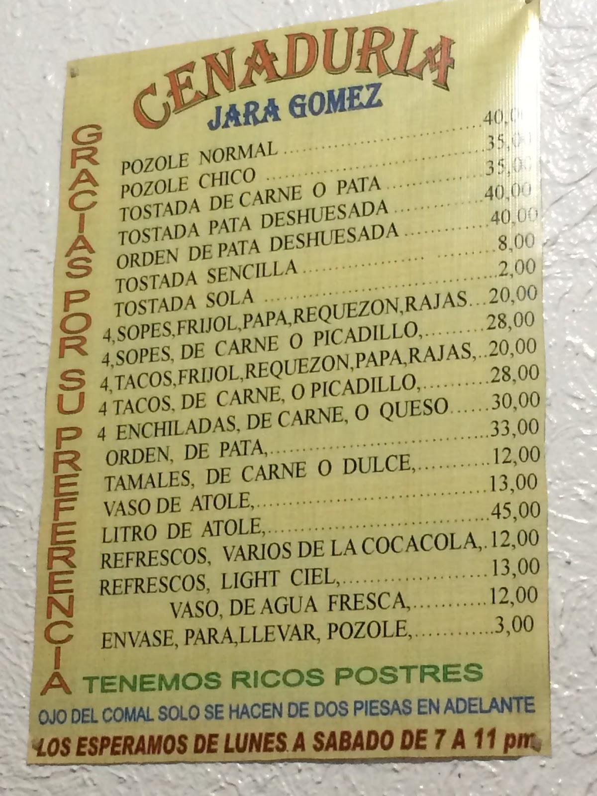 Menu at Cenaduria Jara Gomez restaurant, Guadalajara
