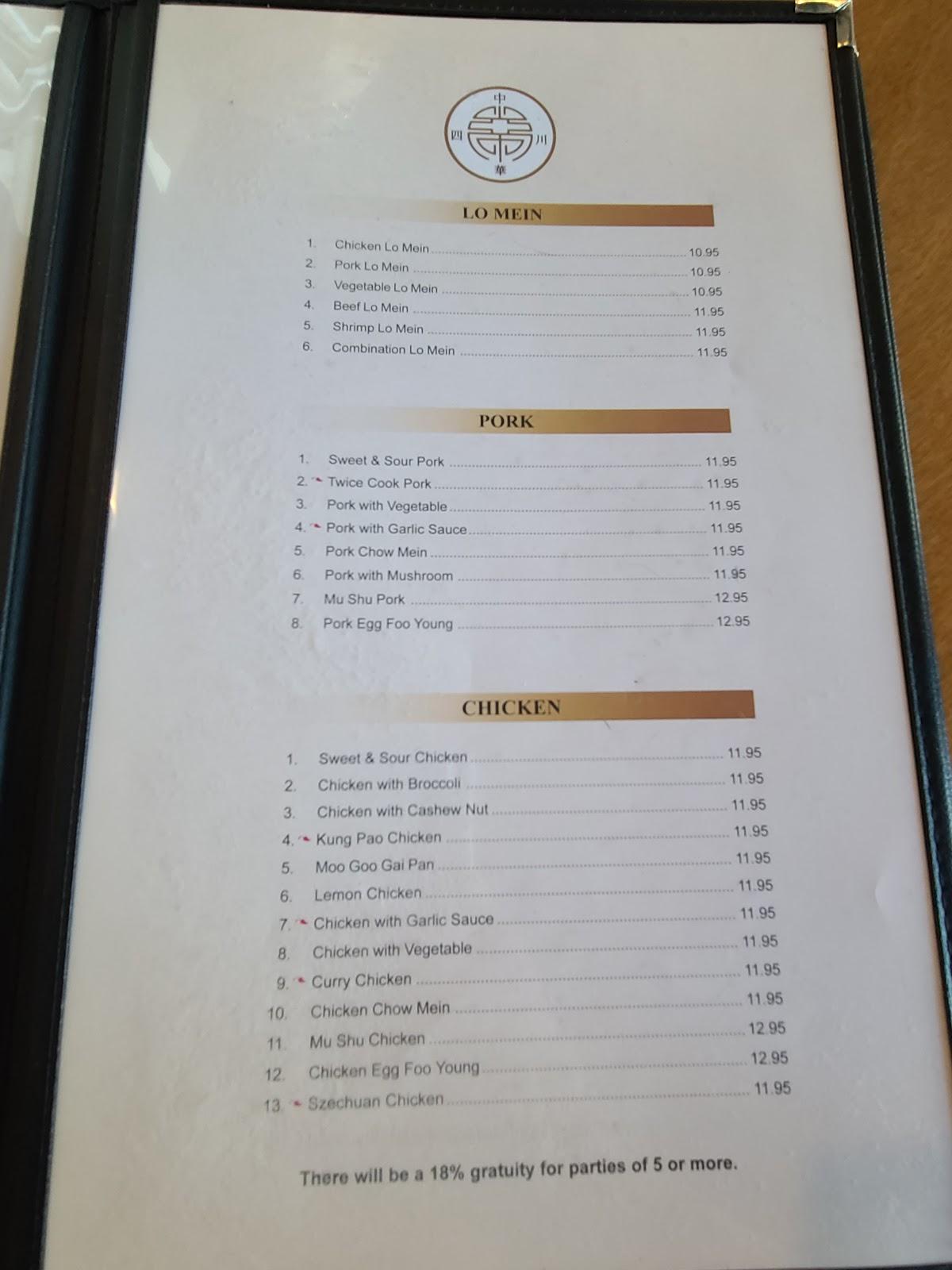 Menu at China Szechuan restaurant, Frisco