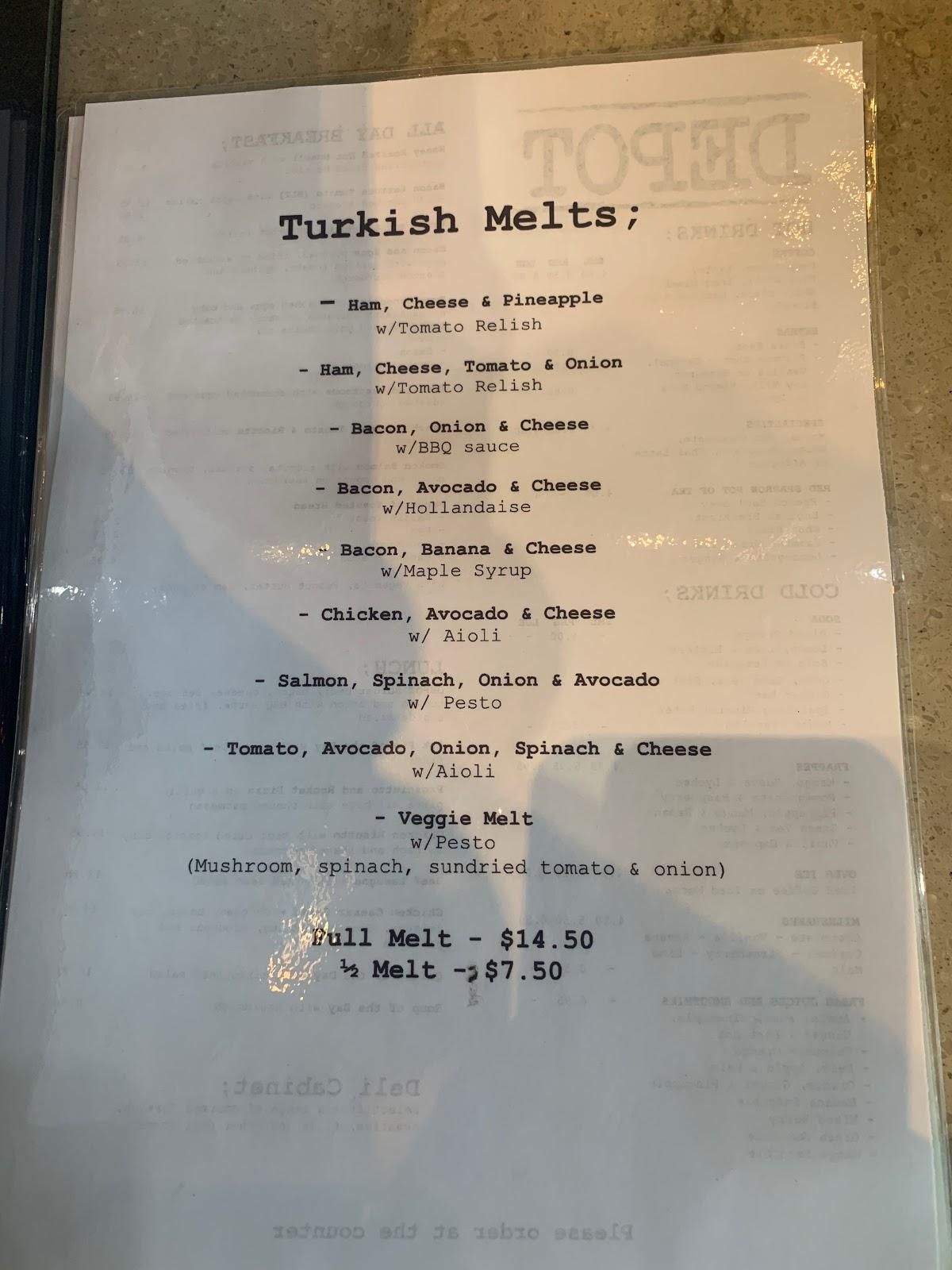 Menu at Depot Cafe, Kempsey