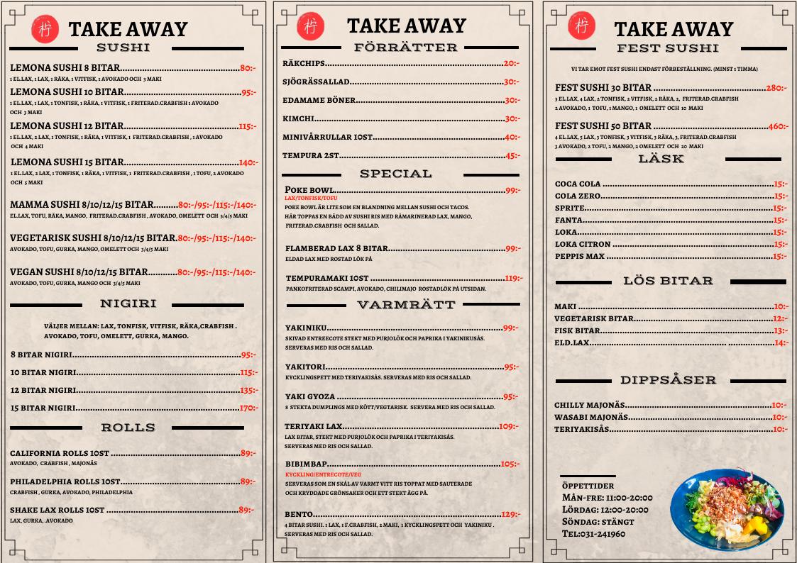Menu at Lemona Sushi restaurant, Gothenburg