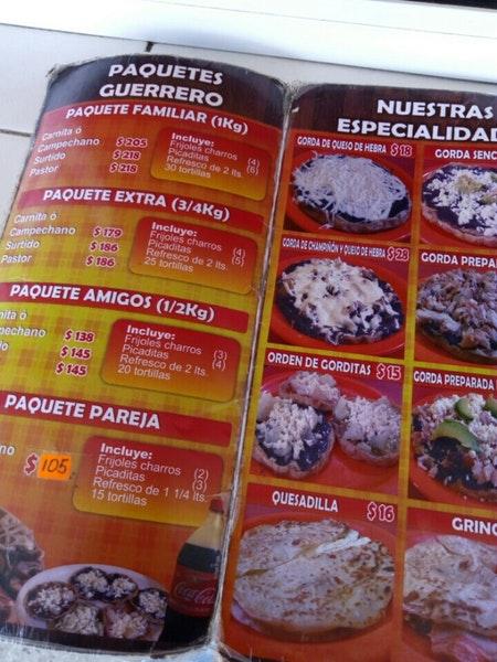 Menu at Los Guerrero restaurant, Banderilla