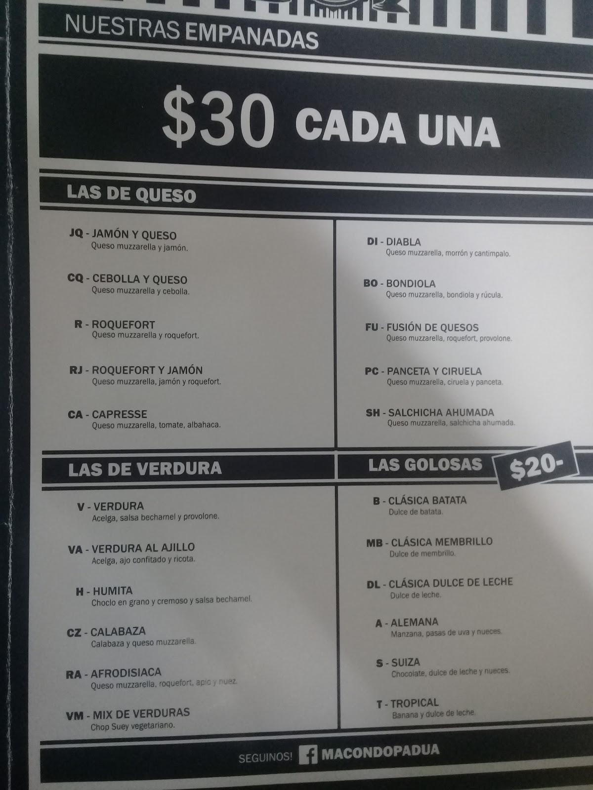Menu at Macondo Padua restaurant, San Antonio de Padua