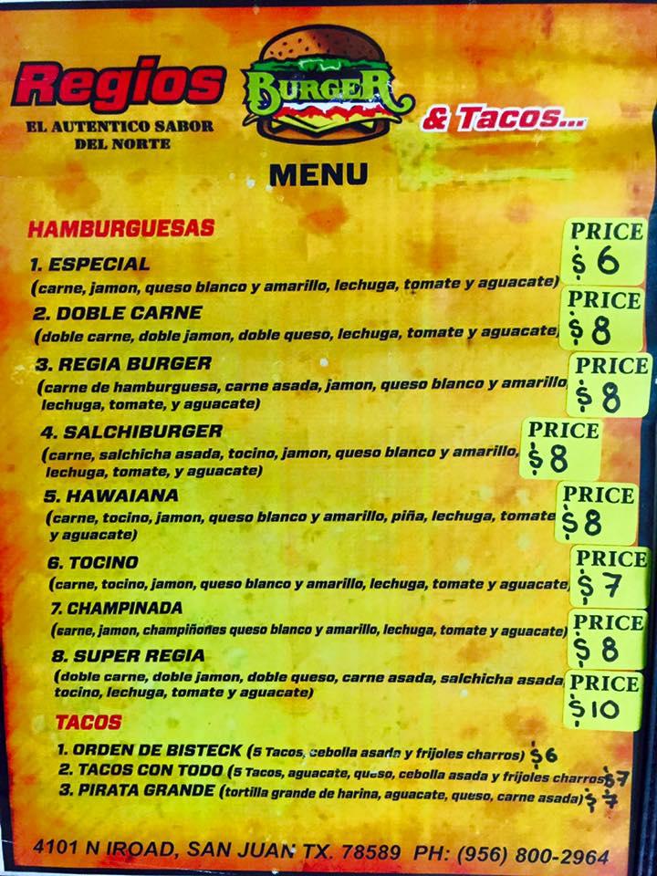 Menu at Regios burger restaurant, San Juan