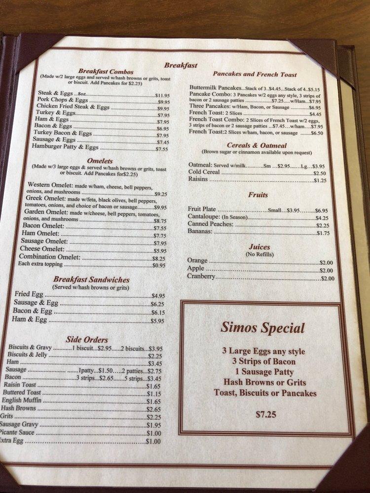 Menu at Simos Diner restaurant, Houston