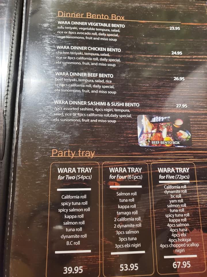 Menu at Sushi Wara restaurant, Comox