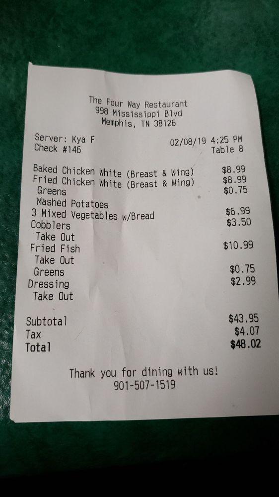 Menu at The Four Way Soul Food Restaurant, Memphis