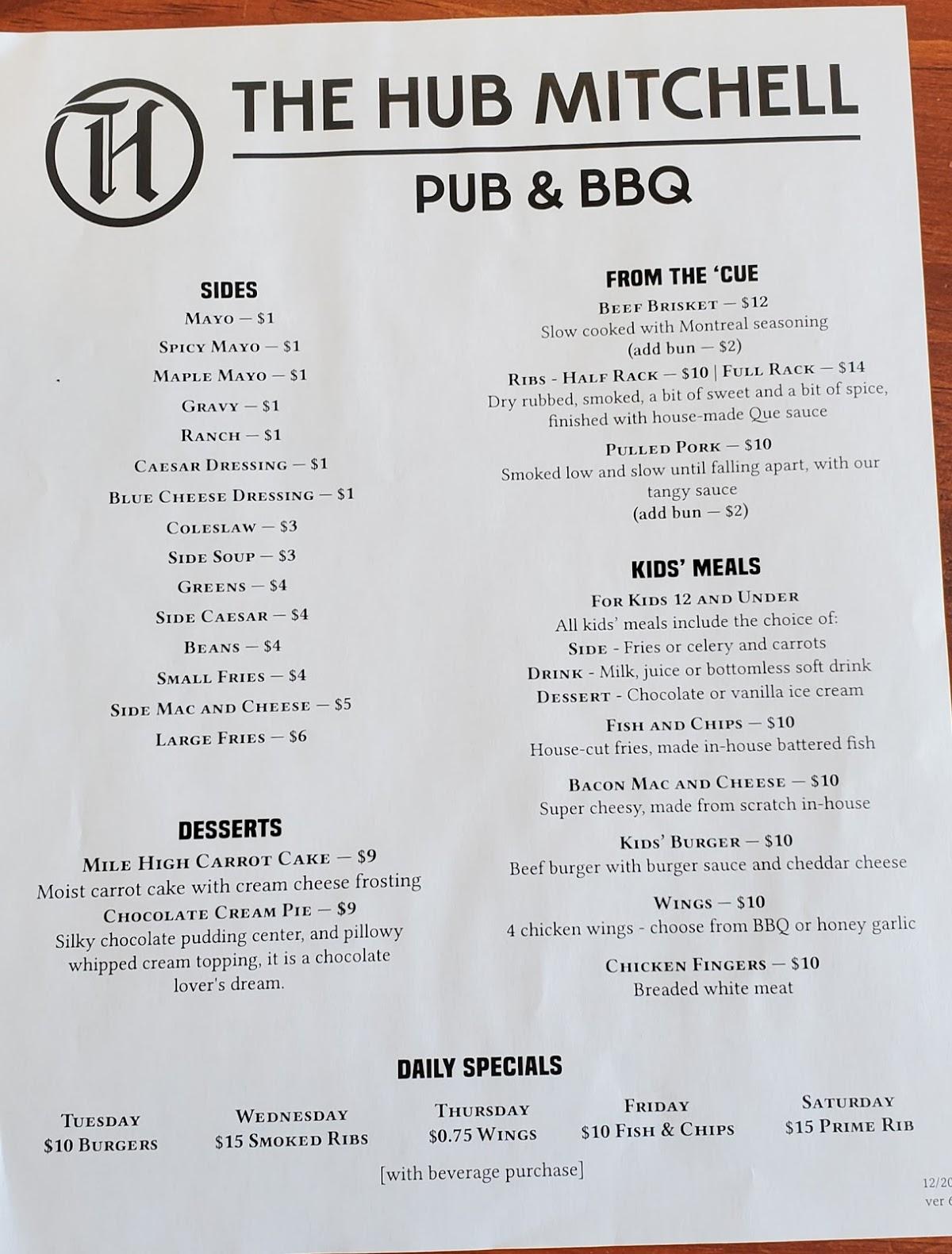 Menu at The Hub Mitchell restaurant, Mitchell