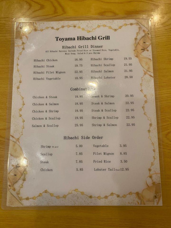 Menu at Toyama Japanese Restaurant, Elizabeth City