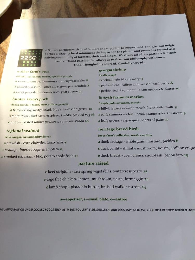 Menu at 22 Square Restaurant & Bar, Savannah