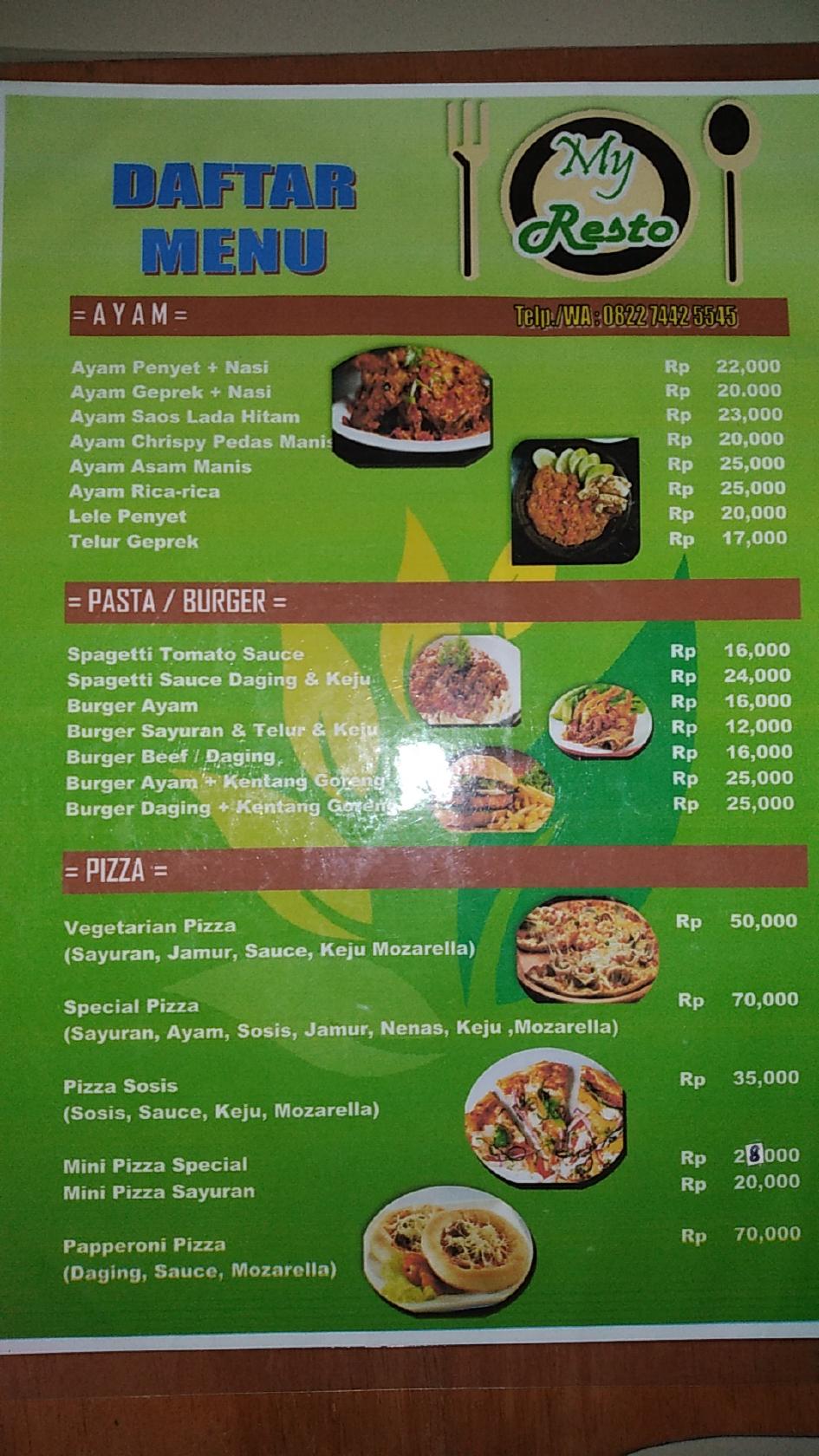 Menu at My Resto restaurant, Bukit Lawang