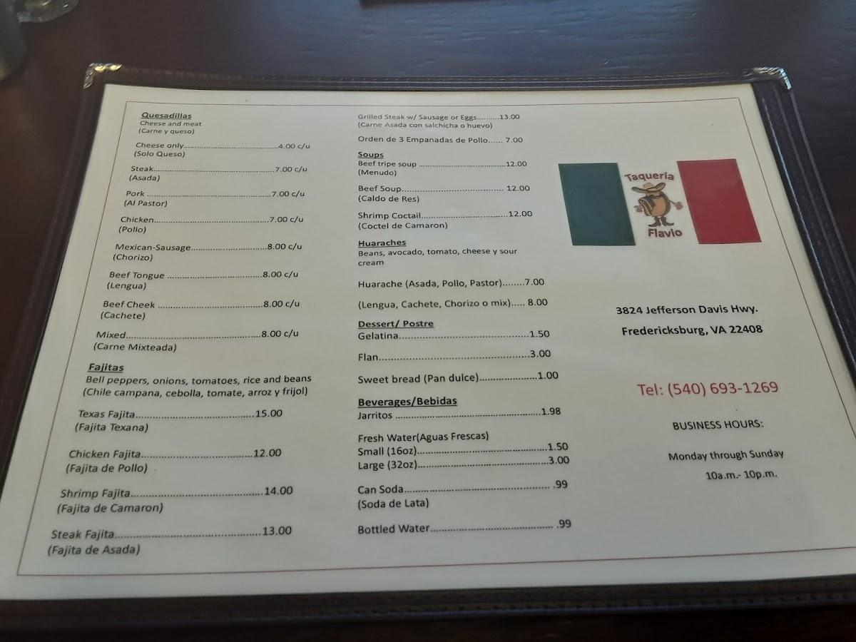 Menu at Taqueria Flavio restaurant, Fredericksburg, Patriot Hwy