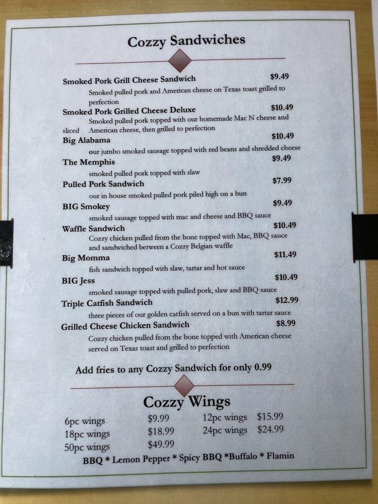 Menu at The Cozzy Corner restaurant, Appleton