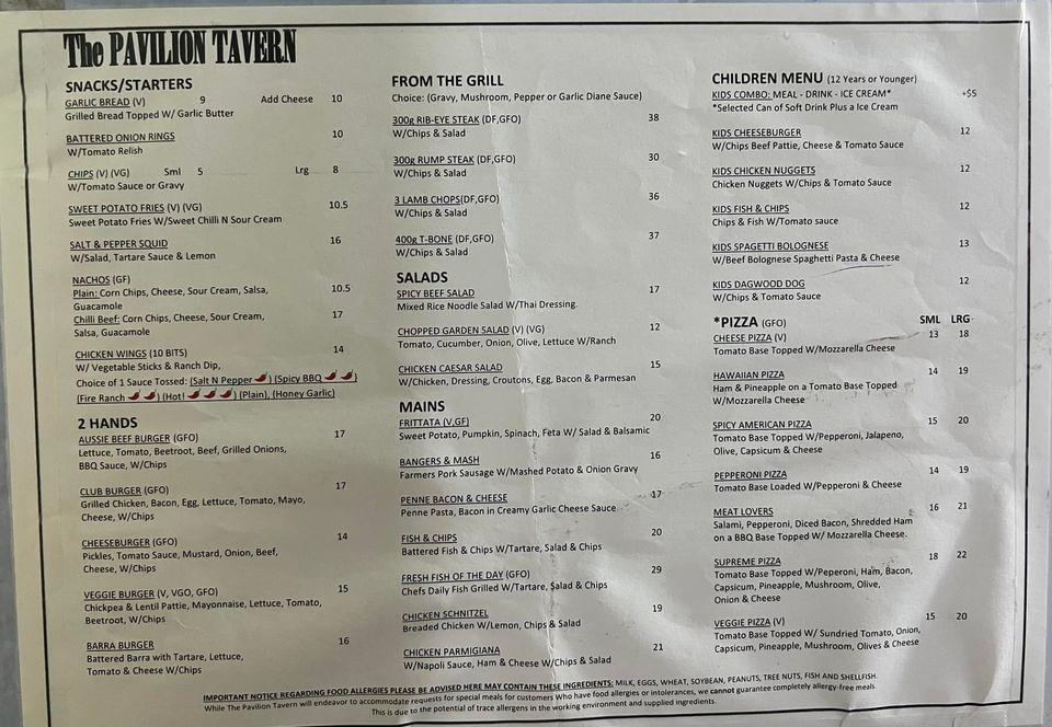 Menu at The Pavilion Tavern pub & bar, Kooralbyn