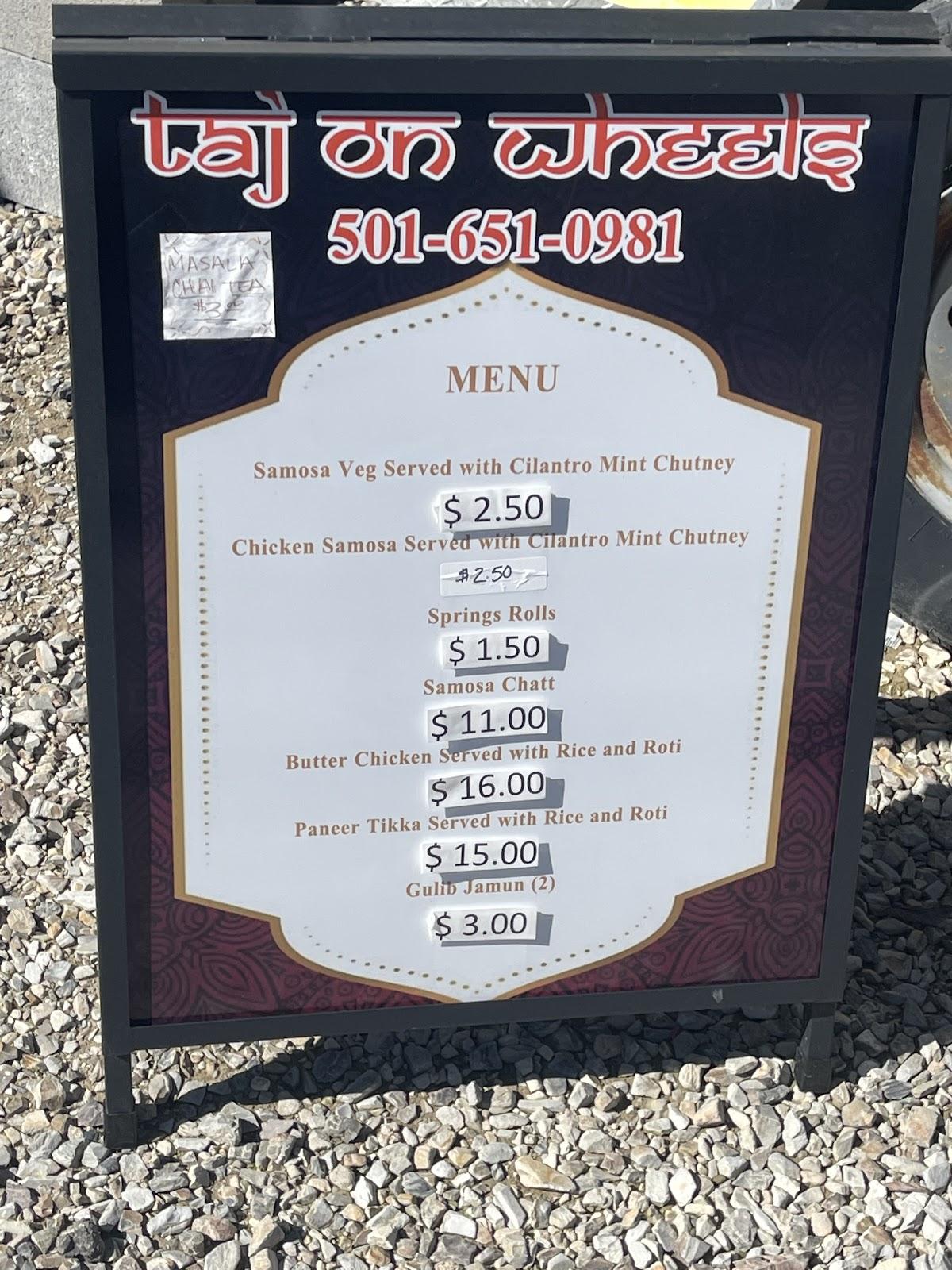 Menu at Taj on wheels, Hot Springs