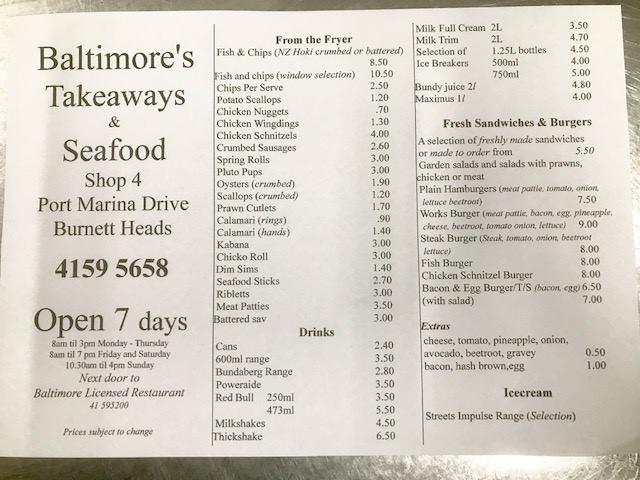 Menu at Baltimore’s Seafood and Takeaway restaurant, Burnett Heads