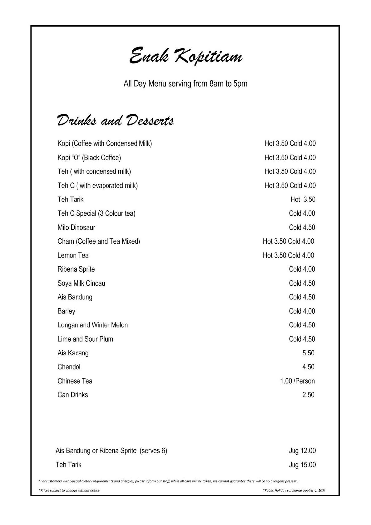 Menu at Enak Kopitiam restaurant, Willetton, shop 11/61 Apsley Rd