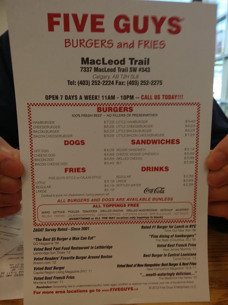 Menu at Five Guys fast food, Calgary, Macleod Trail SE