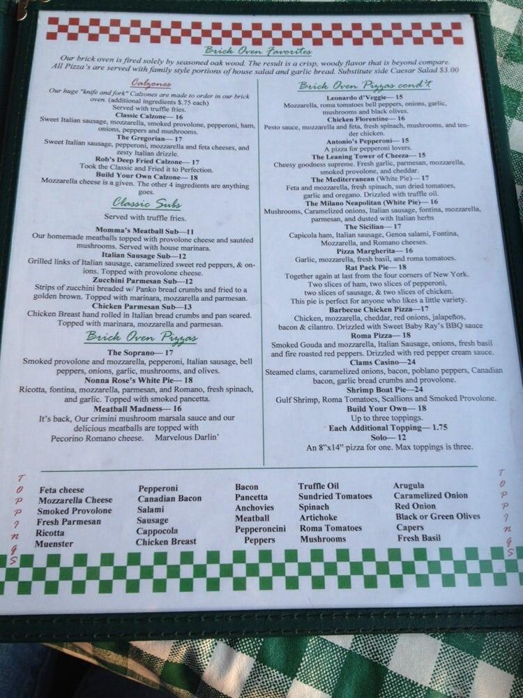 Menu at Gabriella's pizzeria, South Padre Island