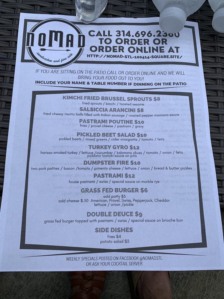 Menu at Nomad restaurant, St. Louis