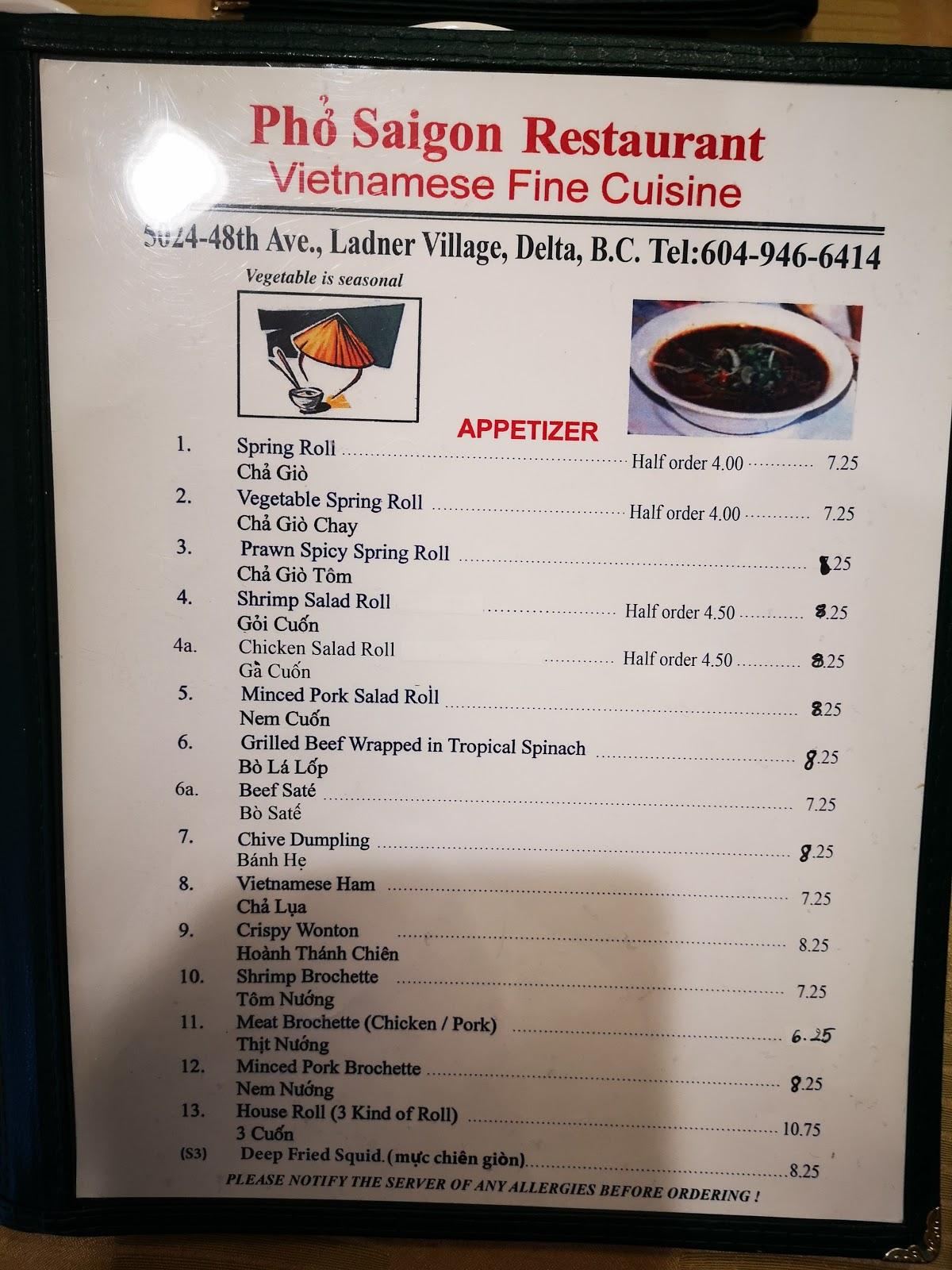 Menu at Pho Saigon restaurant, Cranbrook