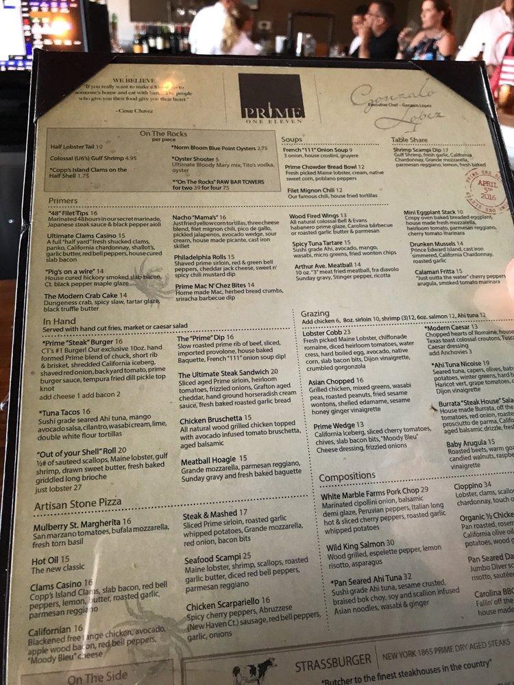 Menu at Prime One Eleven pub & bar, Trumbull