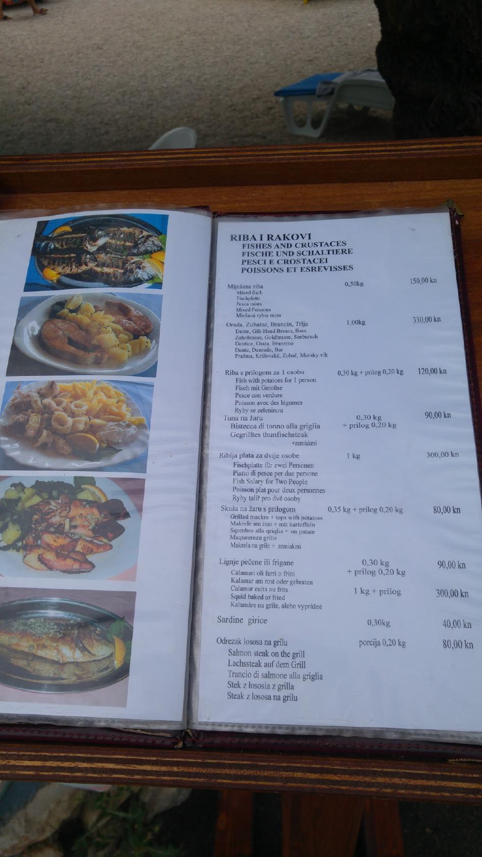 Menu at Restaurant Delfin, Grebaštica